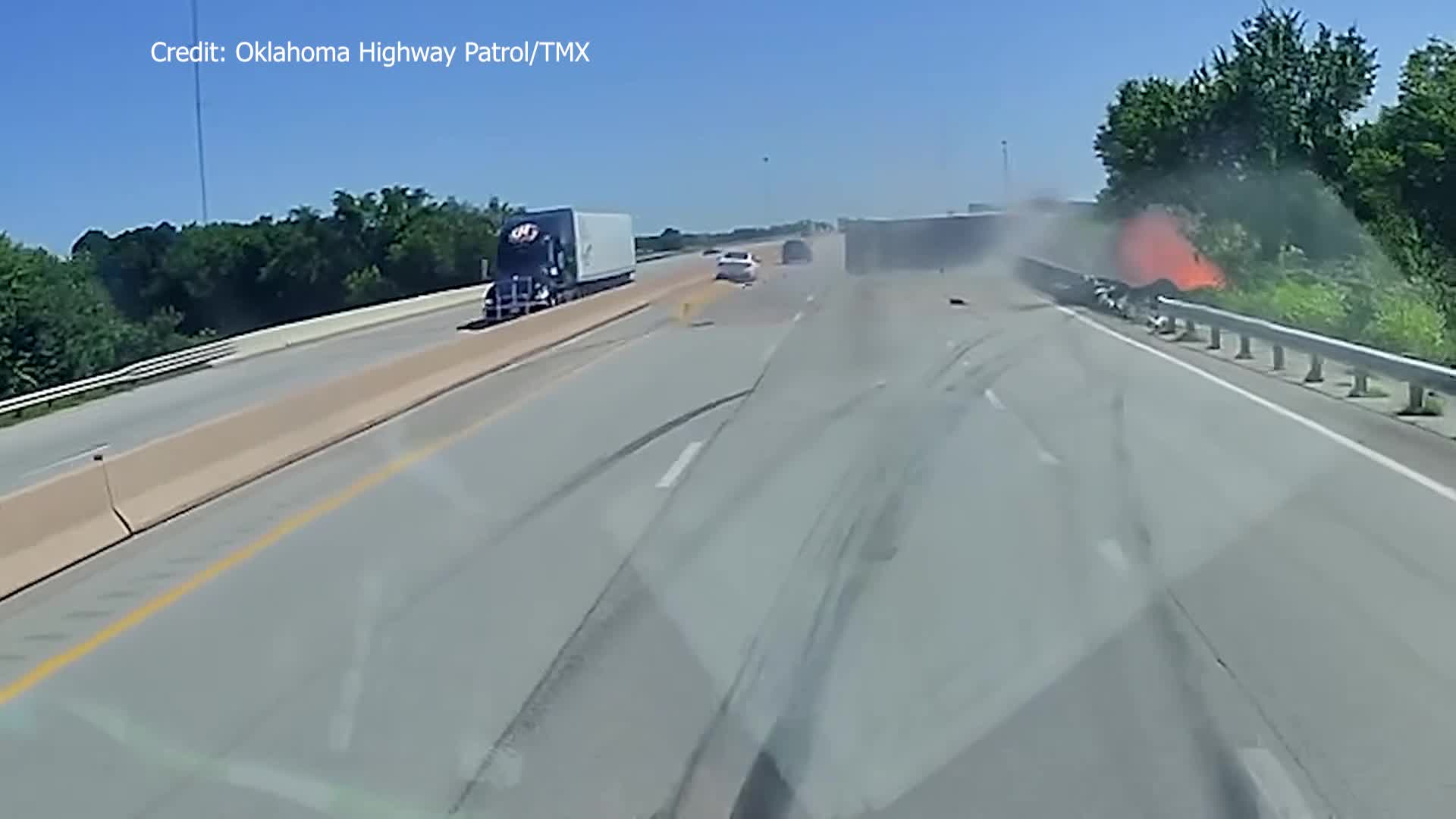 Semi-truck explodes into fire after driver collides into front of truck ...